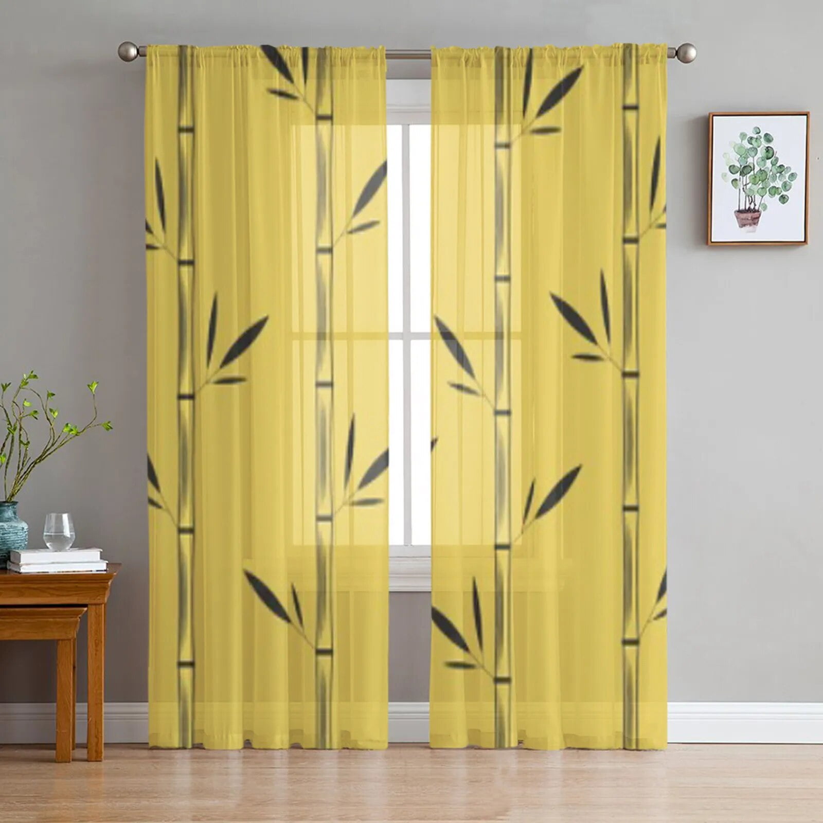 Bamboo Leaves Luxurious Chiffon Sheer Curtains for Living Room Bedroom ...