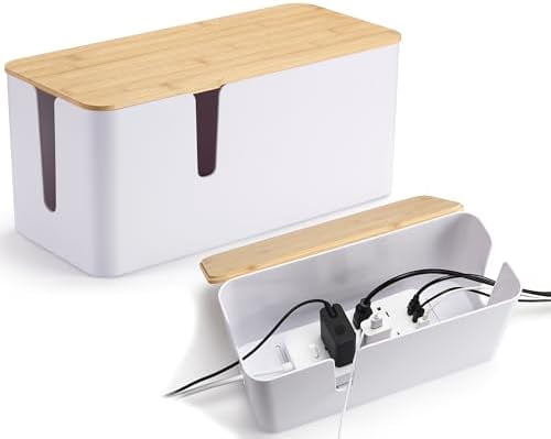 Bamboo Lid Cord Organizer Box, 2Pack Large Cable Management Box, Safe ...