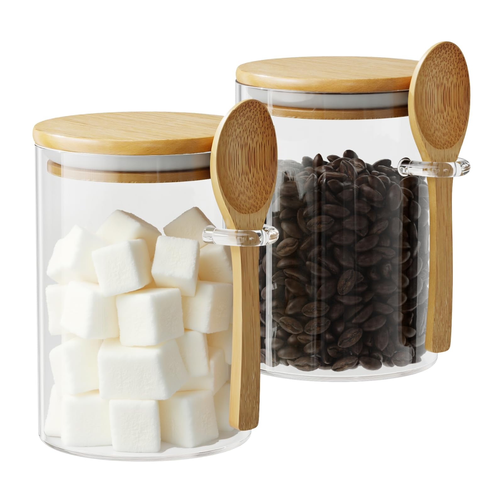 Bamboo Lid Glass Sugar Jar with Spoon, 2 Pack 15oz Canisters for Coffee ...