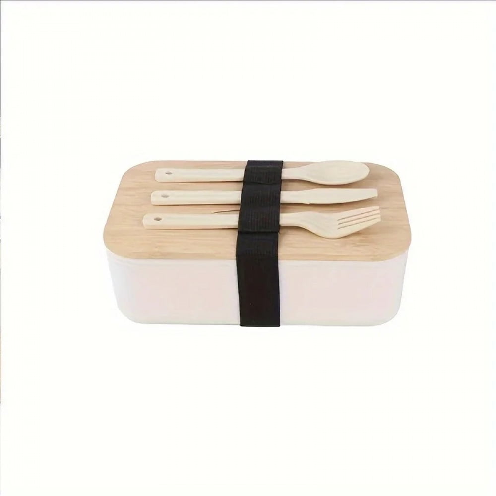 Bamboo Lid Lunch Box And A Set Of Knives, Forks And Spoons Sealed Lunch ...
