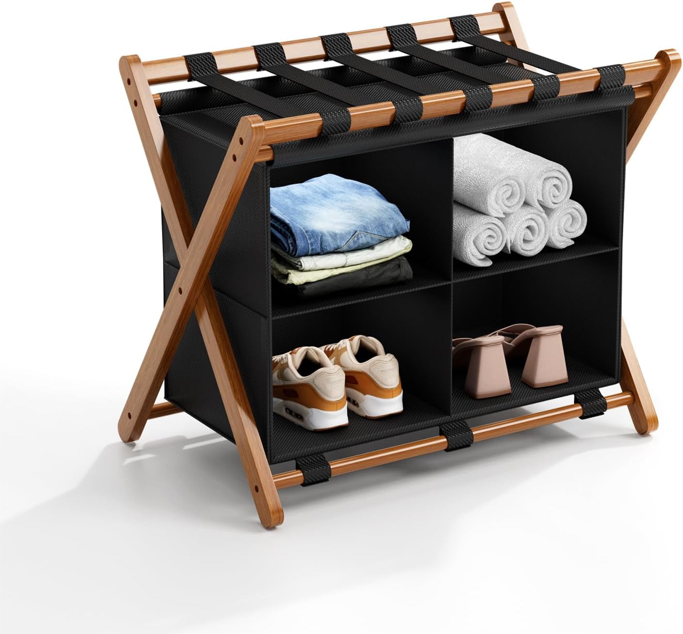 Bamboo Luggage Rack with 4 Storage Compartments, Foldable Suitcase ...