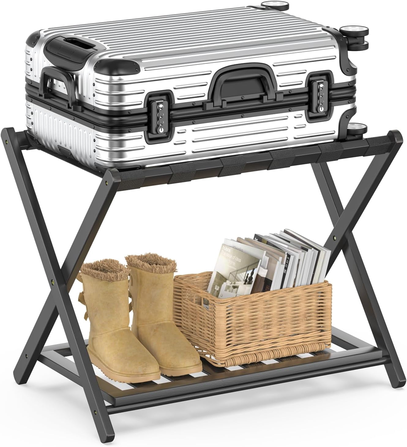 Bamboo Luggage Rack for Guest Room, Wide Suitcase Stand with Storage ...