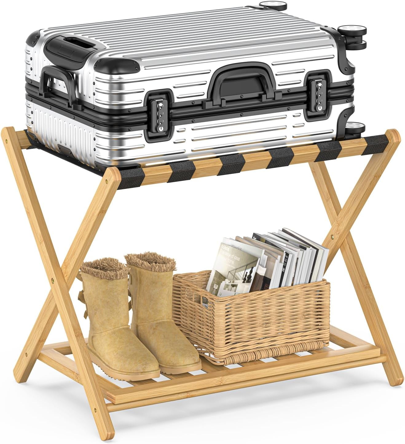 Bamboo Luggage Rack for Guest Room, Wide Suitcase Stand with Storage ...