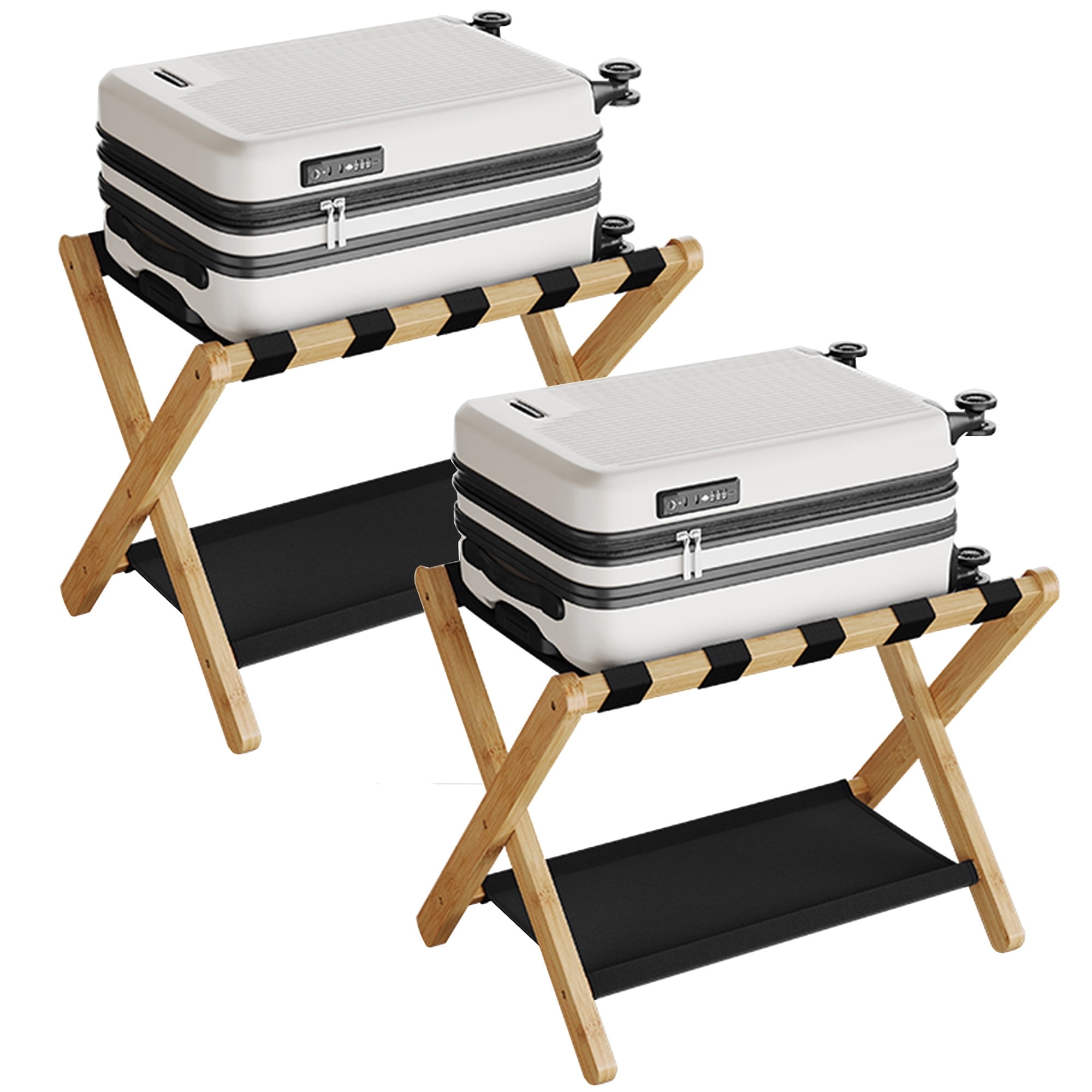 SONGMICS Set of 2 Bamboo Luggage Racks, Foldable Stand with Storage Shelf, 131 lb Capacity ...