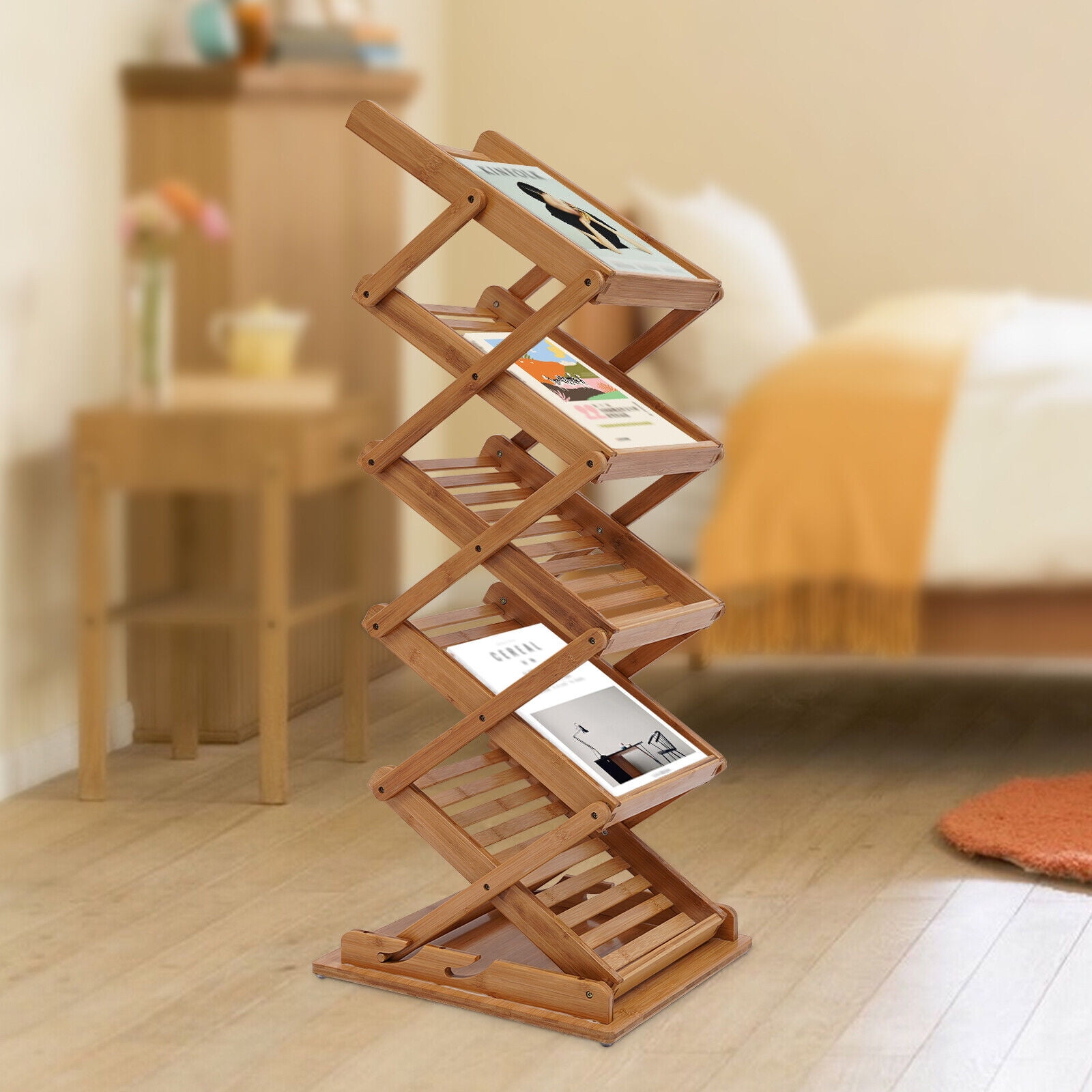 Bamboo Magazine Rack 5 Layers Foldable File Shelf Pop-up Book Stand ...