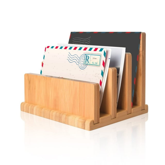 Bamboo Mail Organizer with Rubber Feets, Vertical Desk Letter/Envelope ...
