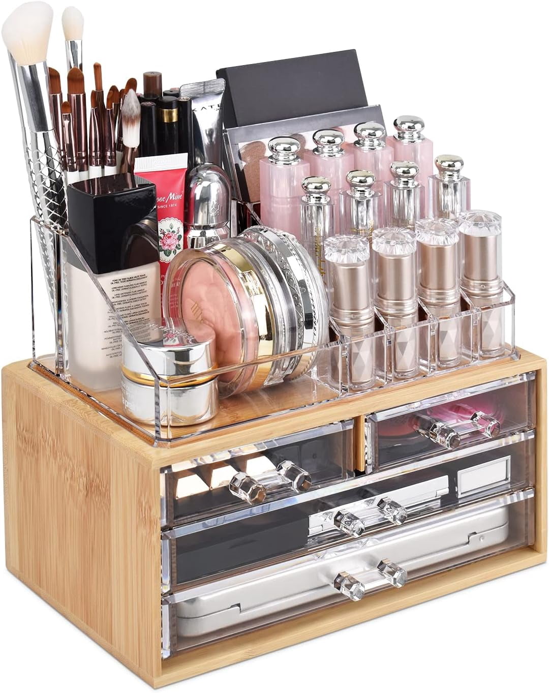 Bamboo Makeup Organizer with 4 Acrylic Storage Compartments - Ideal for ...