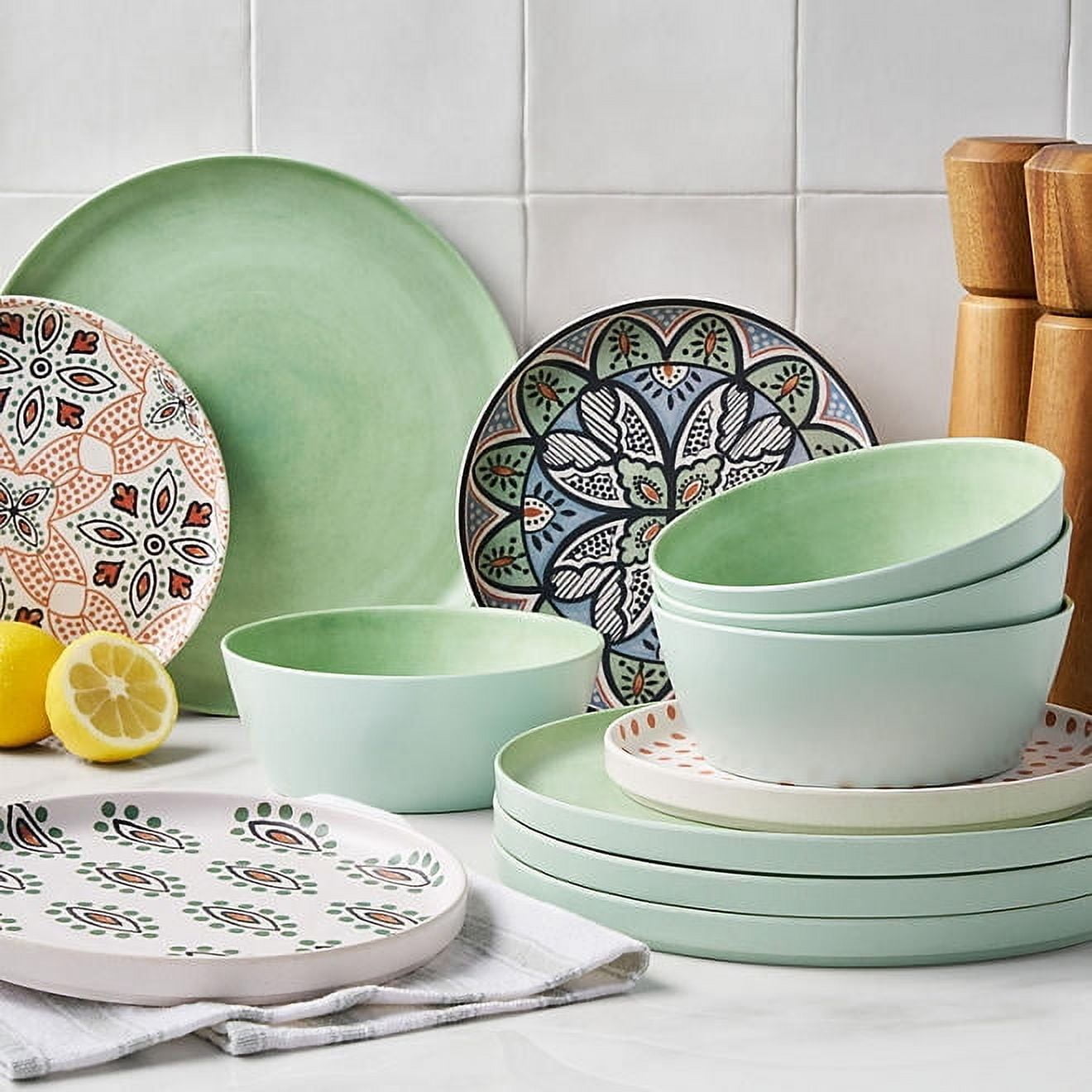 Bamboo Melamine Unbreakable 12-Piece Dinnerware Set, Sea Glass ...