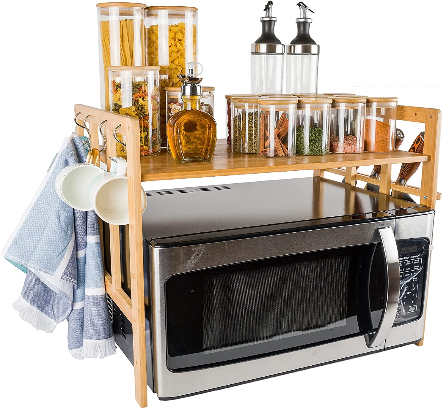 Bamboo Microwave Oven Rack with Hooks and Built-In Knife Holder ...