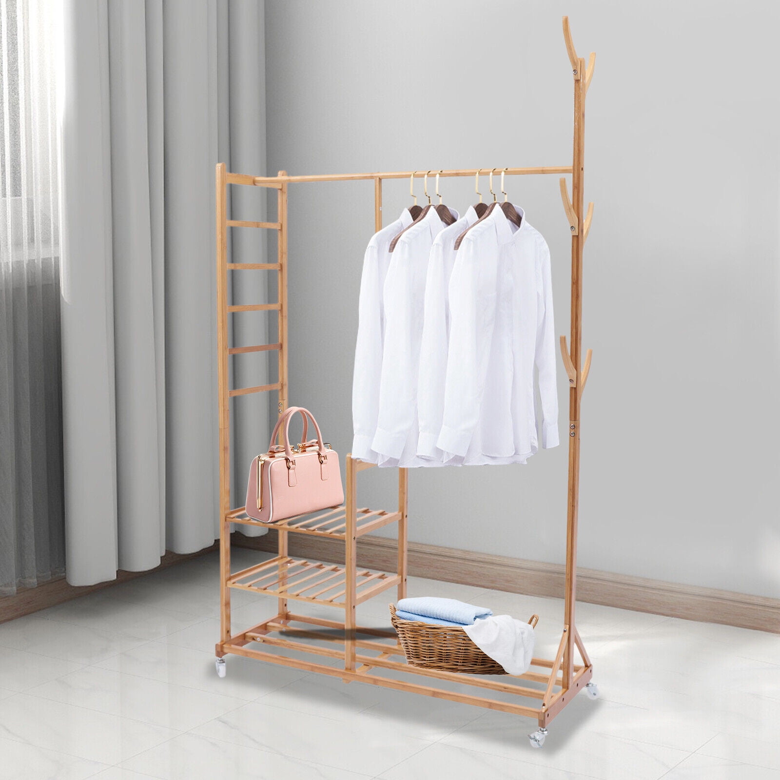 Bamboo Mobile Clothes Rack, Heavy Duty Clothing Rack Portable Wardrobe ...