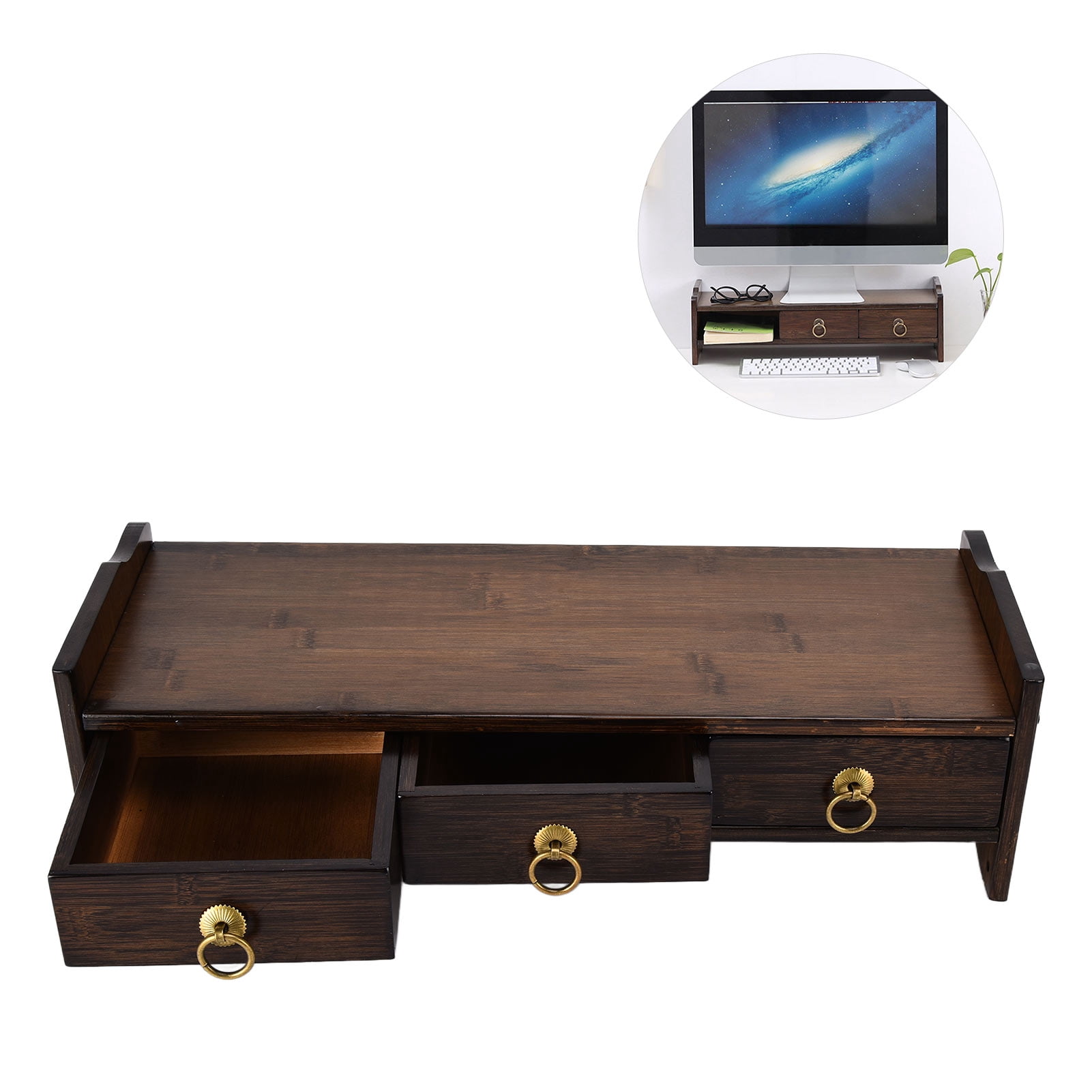Bamboo Monitor Stand Riser, Ergonomic Heightened Design W/ 3 Drawers ...