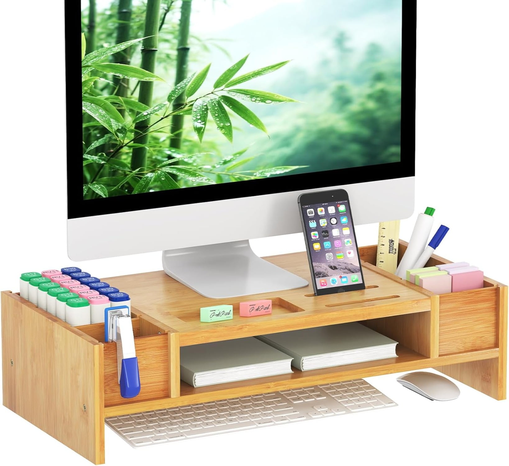 Bamboo Monitor Stand with Storage Compartments Ergonomic Computer ...