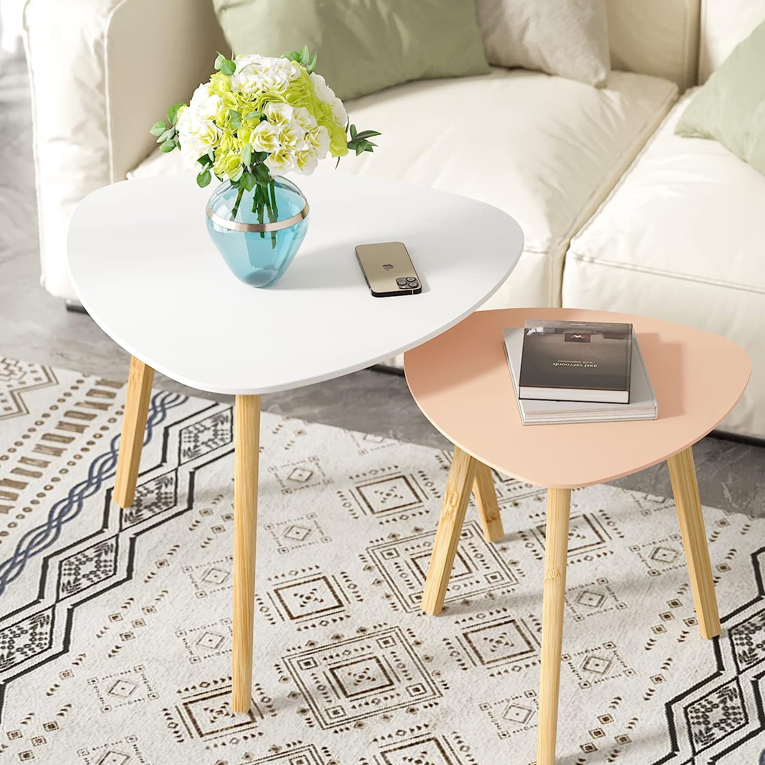 Bamboo Nesting Triangle End Table,Set of 2 Coffee Table Modern ...