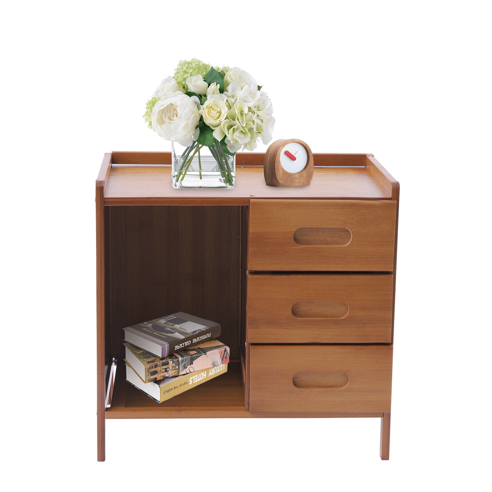 Bamboo Nightstand 40cm Bedside End Table Bedside Stand w/3 Drawers&Open ...