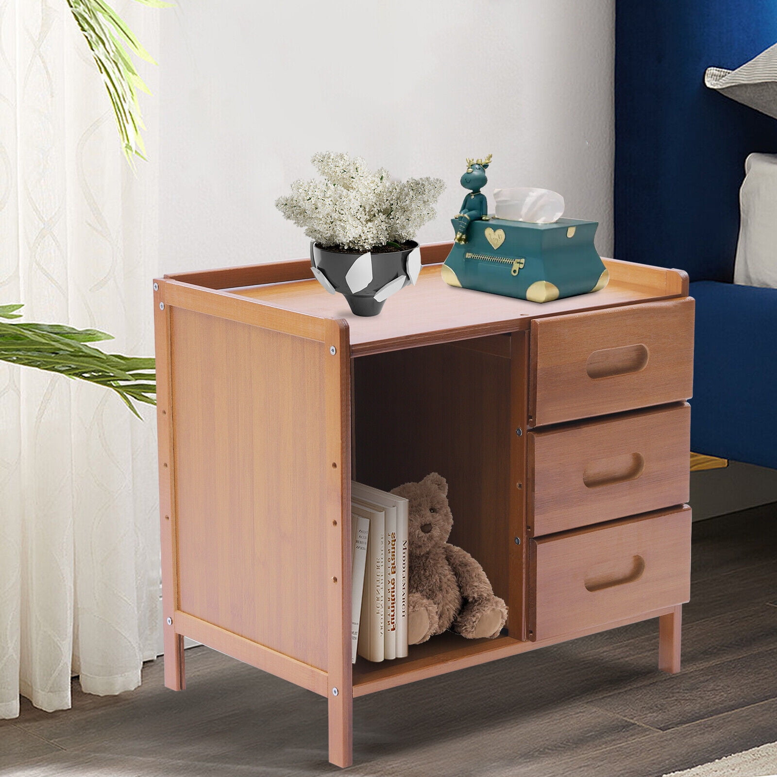 Bamboo Nightstand Sofa Side Stand W/ 3 Drawers & 1 Open Shelf, Bedside ...