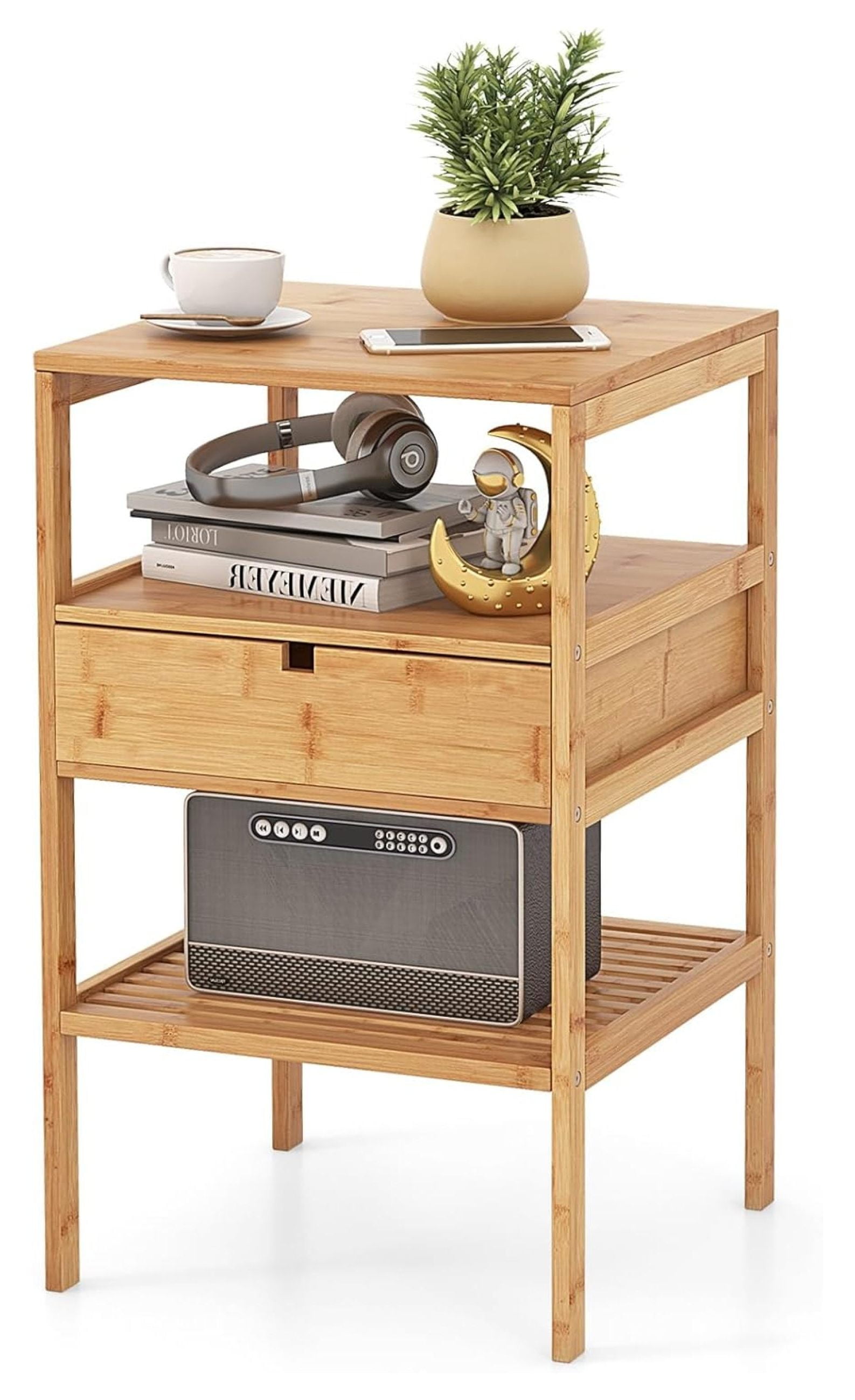 Bamboo Nightstand, Wood Bedside Tables with Pull-Out Drawer & Storage ...