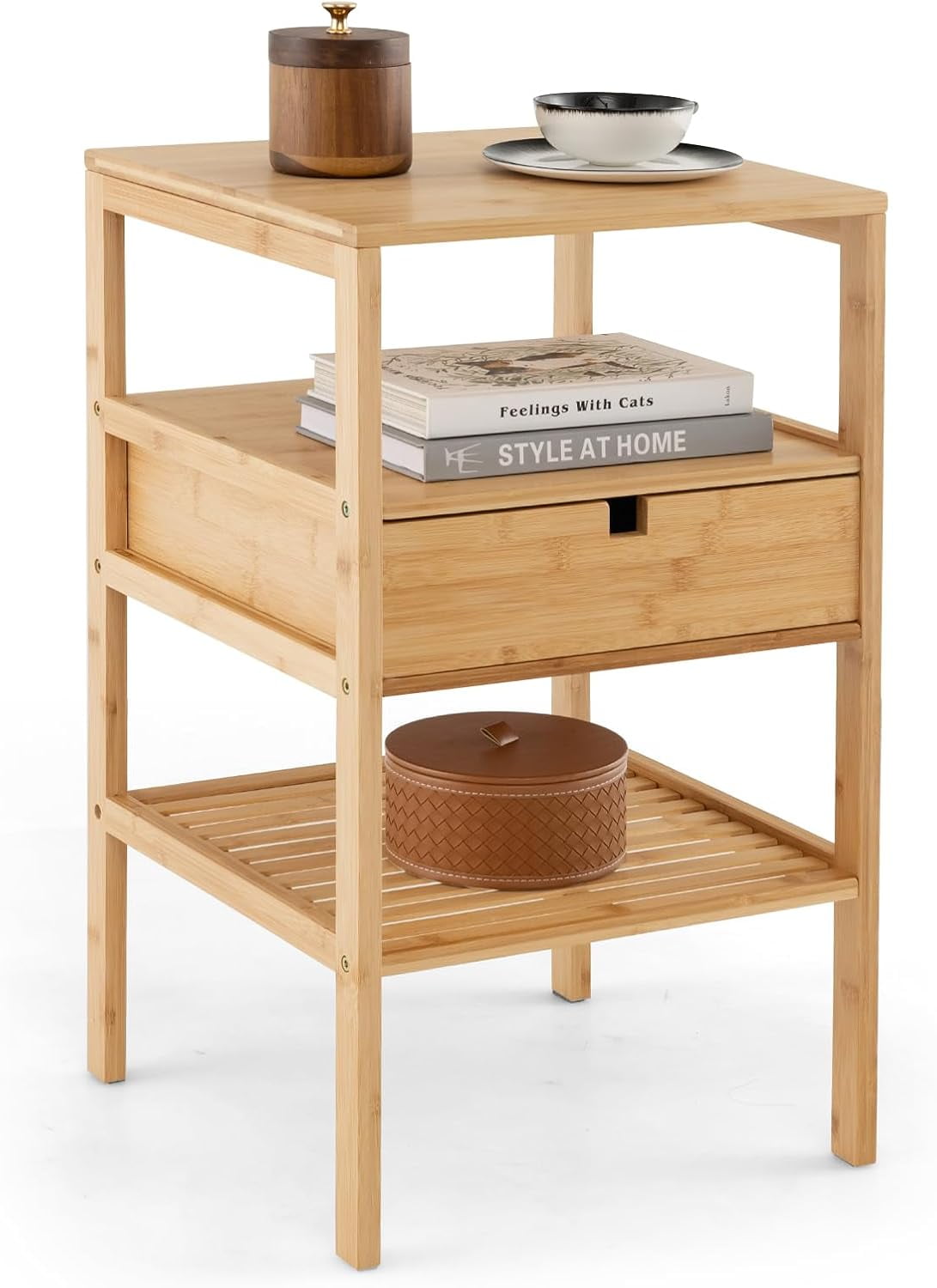 Bamboo Nightstand, Wood Side Table with Drawer and 2 Storage Shelves ...