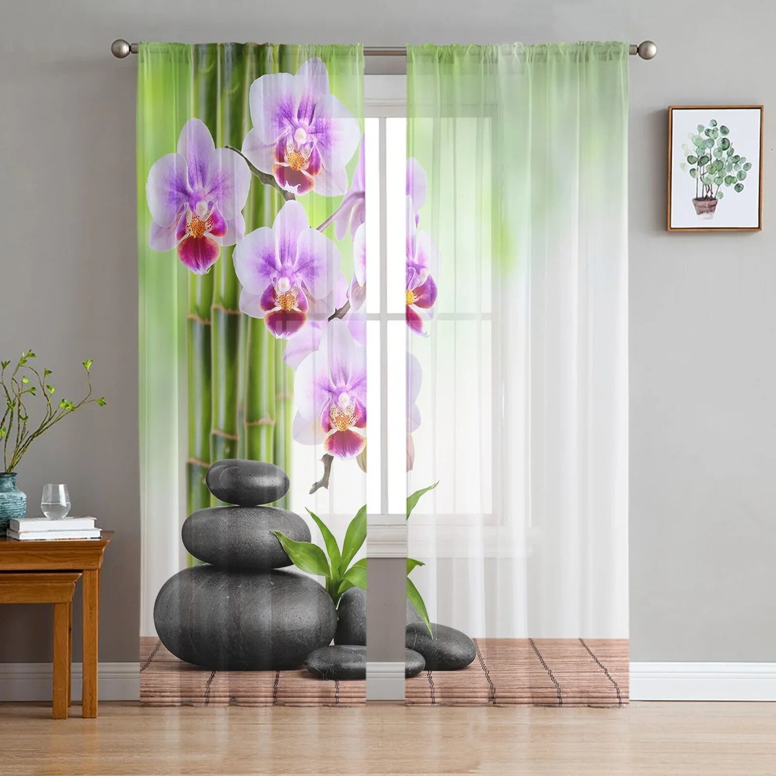 Bamboo Orchid Zen Stone Flower Sheer Curtains Living Room Window Tulle ...