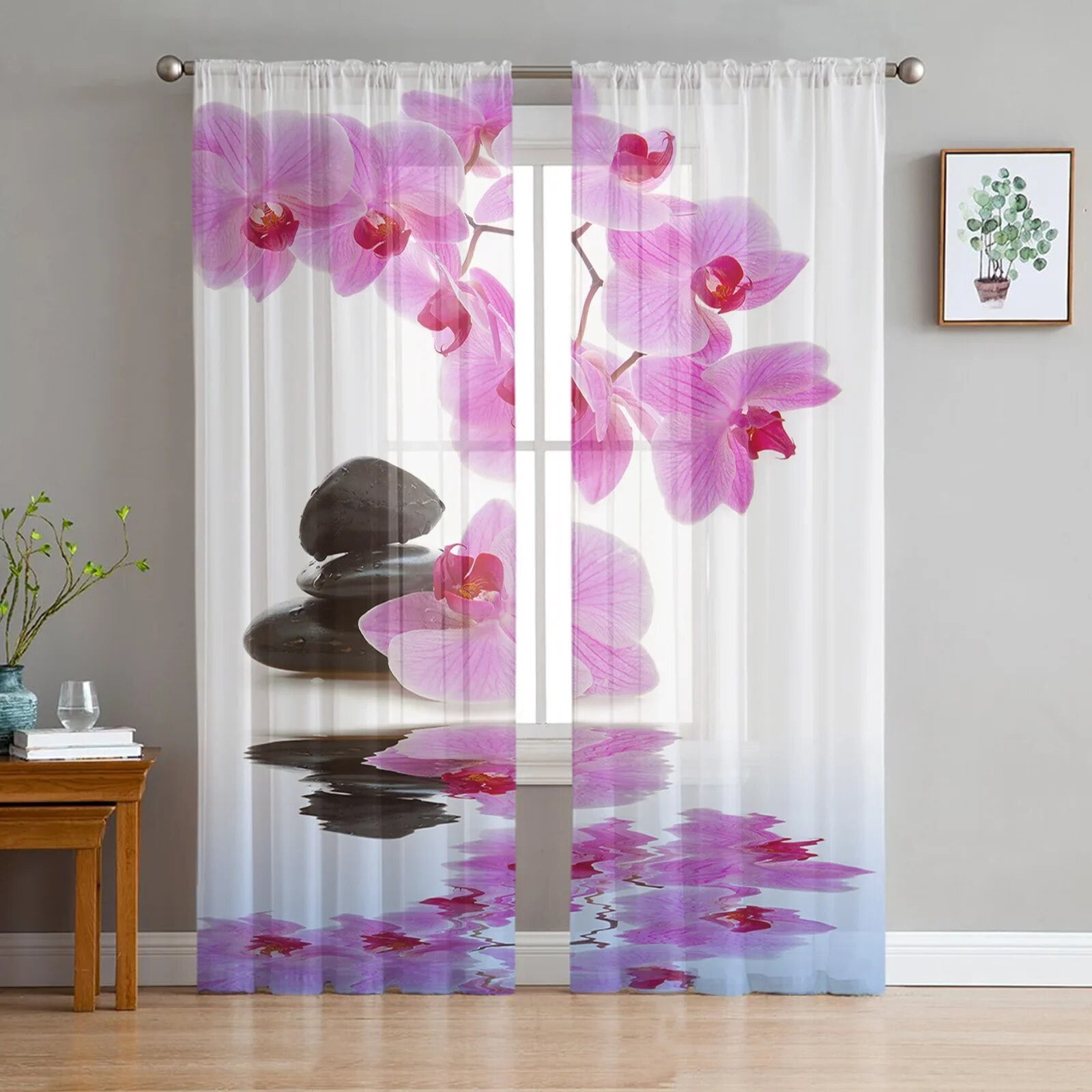 Bamboo Orchid Zen Stone Flower Sheer Curtains Living Room Window Tulle ...