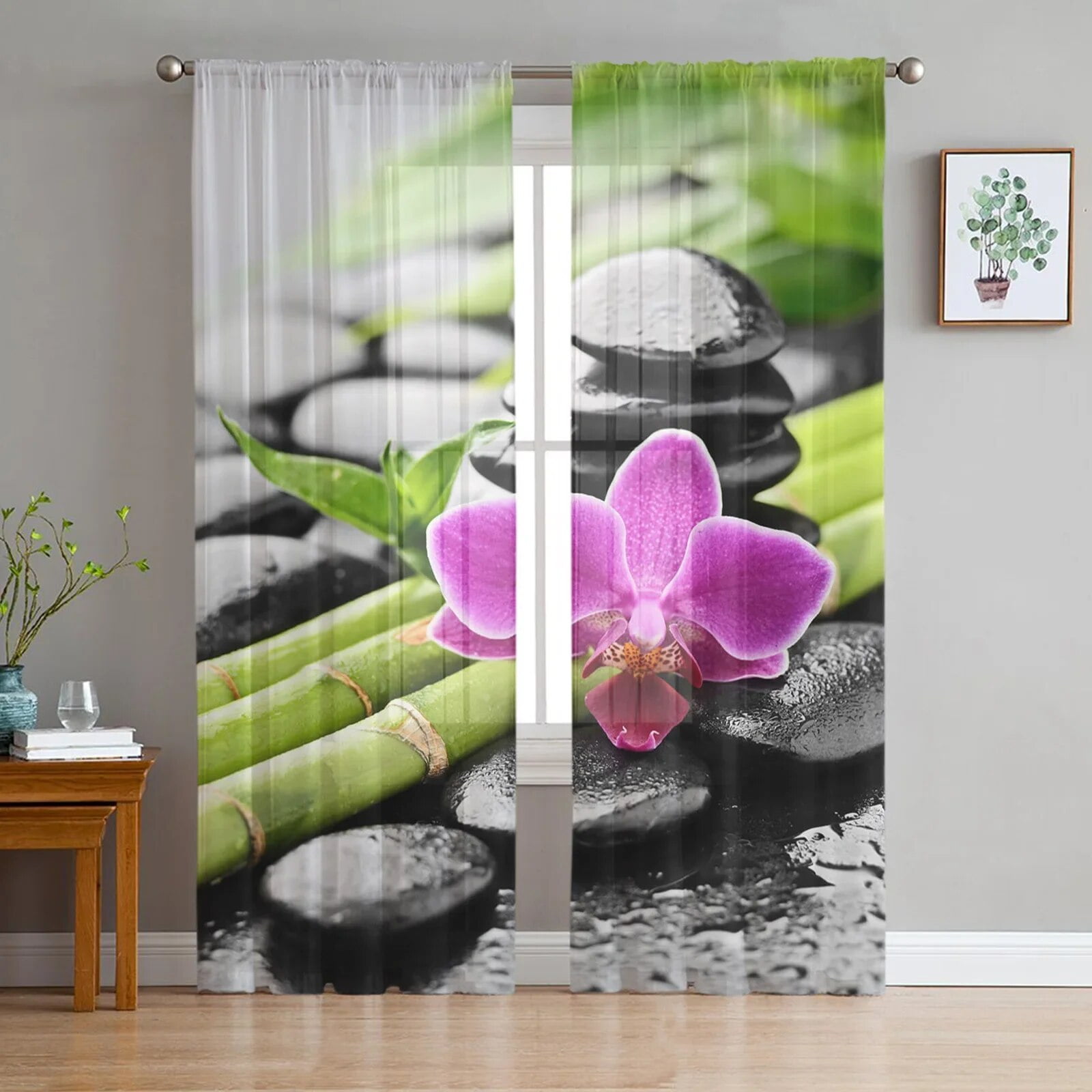 Bamboo Orchid Zen Stone Flower Sheer Curtains Living Room Window Tulle ...
