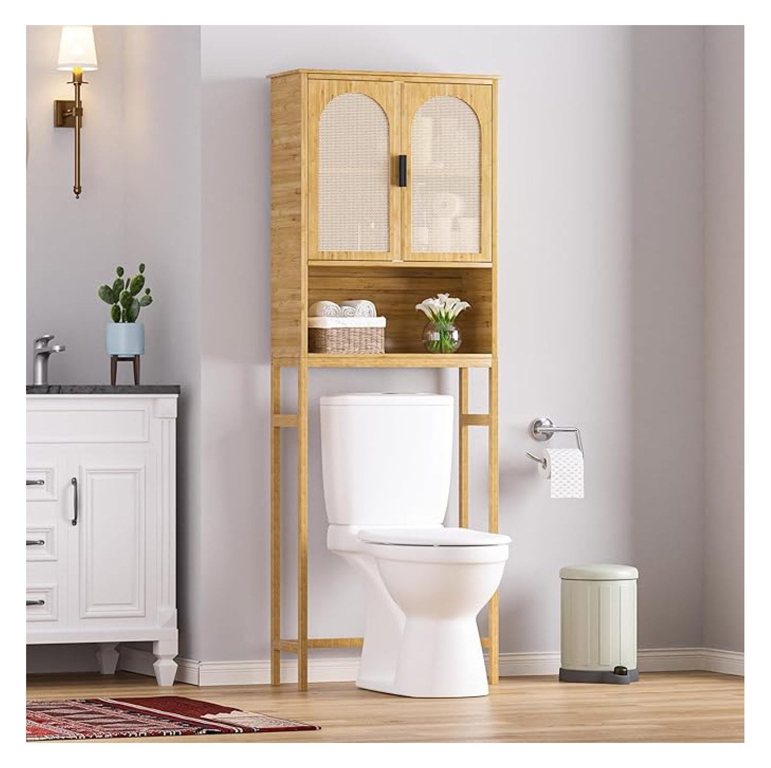 Bamboo Over-The-Toilet Storage Shelf with Inverted U-Shaped Doors ...