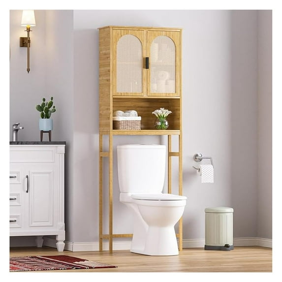 Bamboo Over-The-Toilet Storage Shelf with Inverted U-Shaped Doors ...