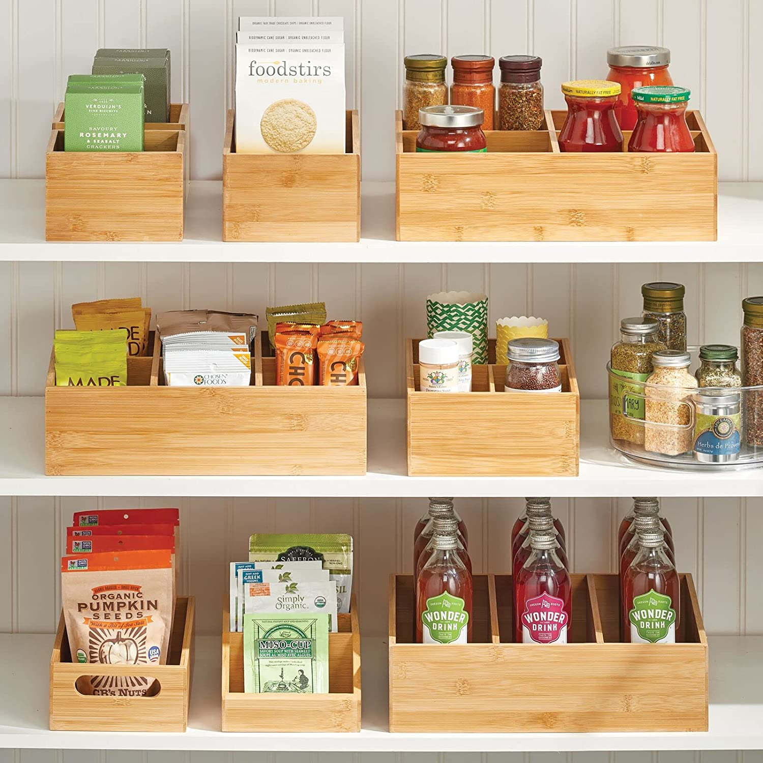 Bamboo Pantry Organizer Bin Box, 3 Sections - Wooden Stackable Basket ...