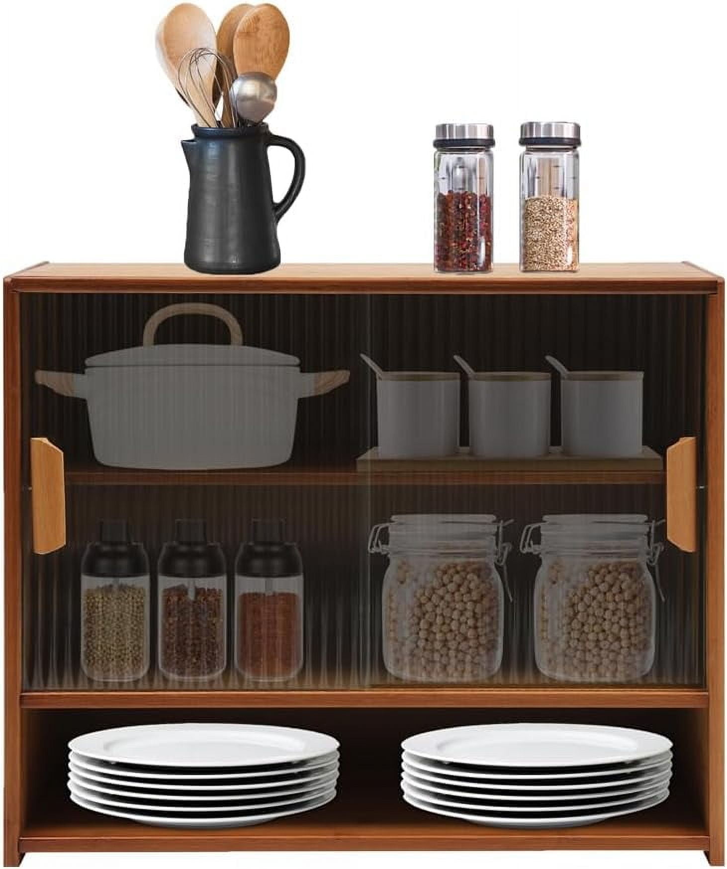 Bamboo Pantry Sideboard with 2 Sliding Striped Glass Doors, 3 Tier ...