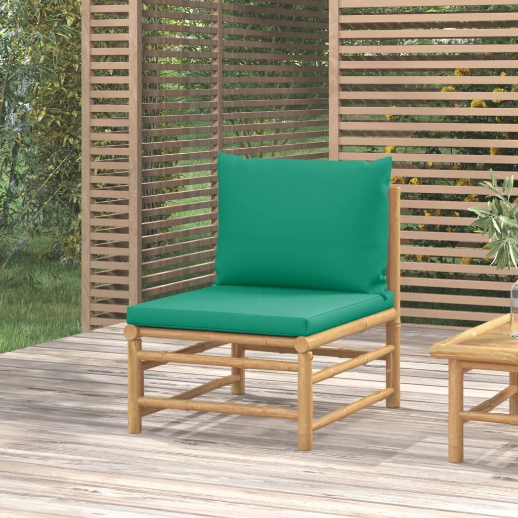 Bamboo Patio Middle Sofa with Green Cushions - Comfortable Seating ...