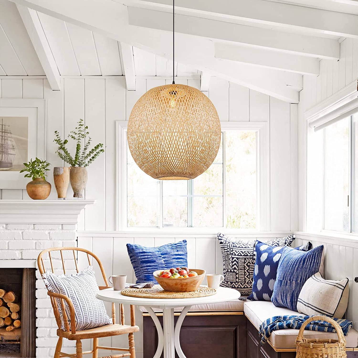 Bamboo Pendant Lights, Round Wicker Chandelier, Hand-Woven Basket ...