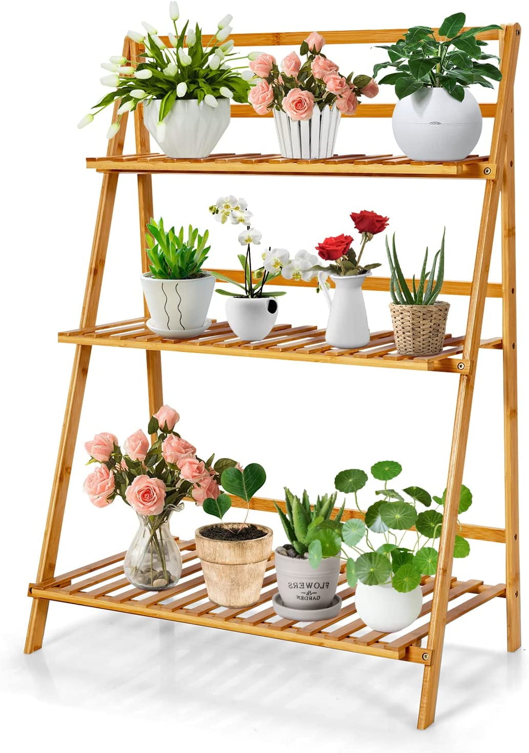 Bamboo Plant Stand, Foldable Multifunctional Flower Display Ladder ...