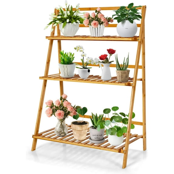 Bamboo Plant Stand, Foldable Multifunctional Flower Display Ladder ...