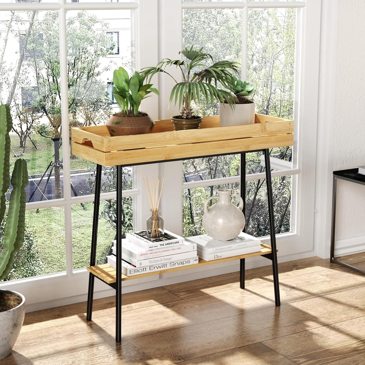 Bamboo Plant Stand Indoor, 2 Tier Wood Small Plant Table, Tall Plant ...