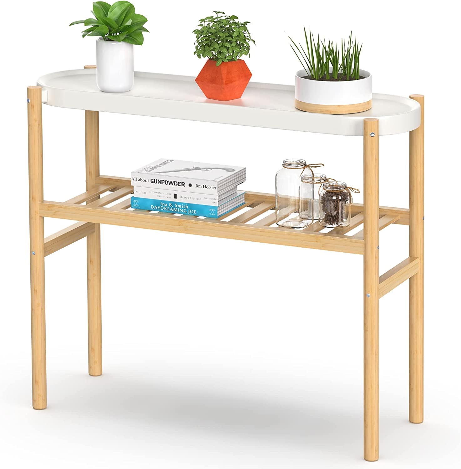 Bamboo Plant Stands Indoor, 2 Tier Steel Tray Tall Corner Plant Stand ...