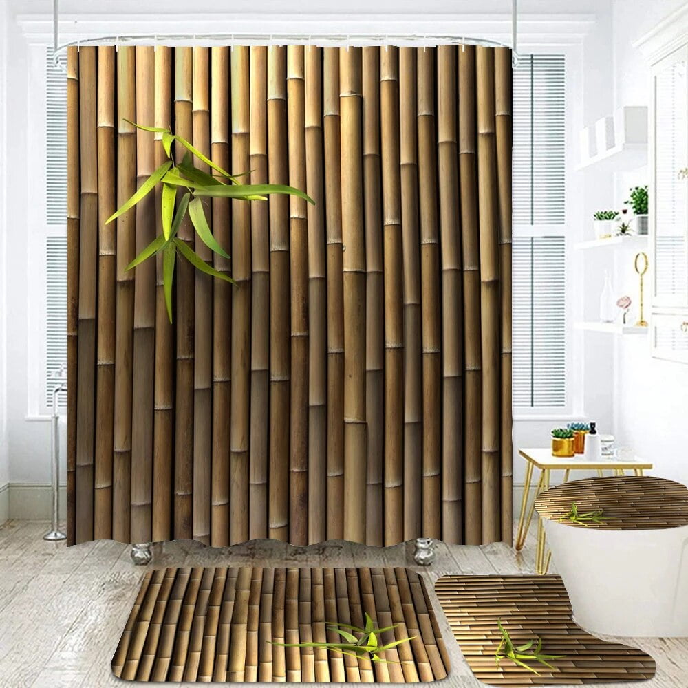 Bamboo Plants Fabric Shower Curtains Bathroom Curtain Set Bath Mats ...