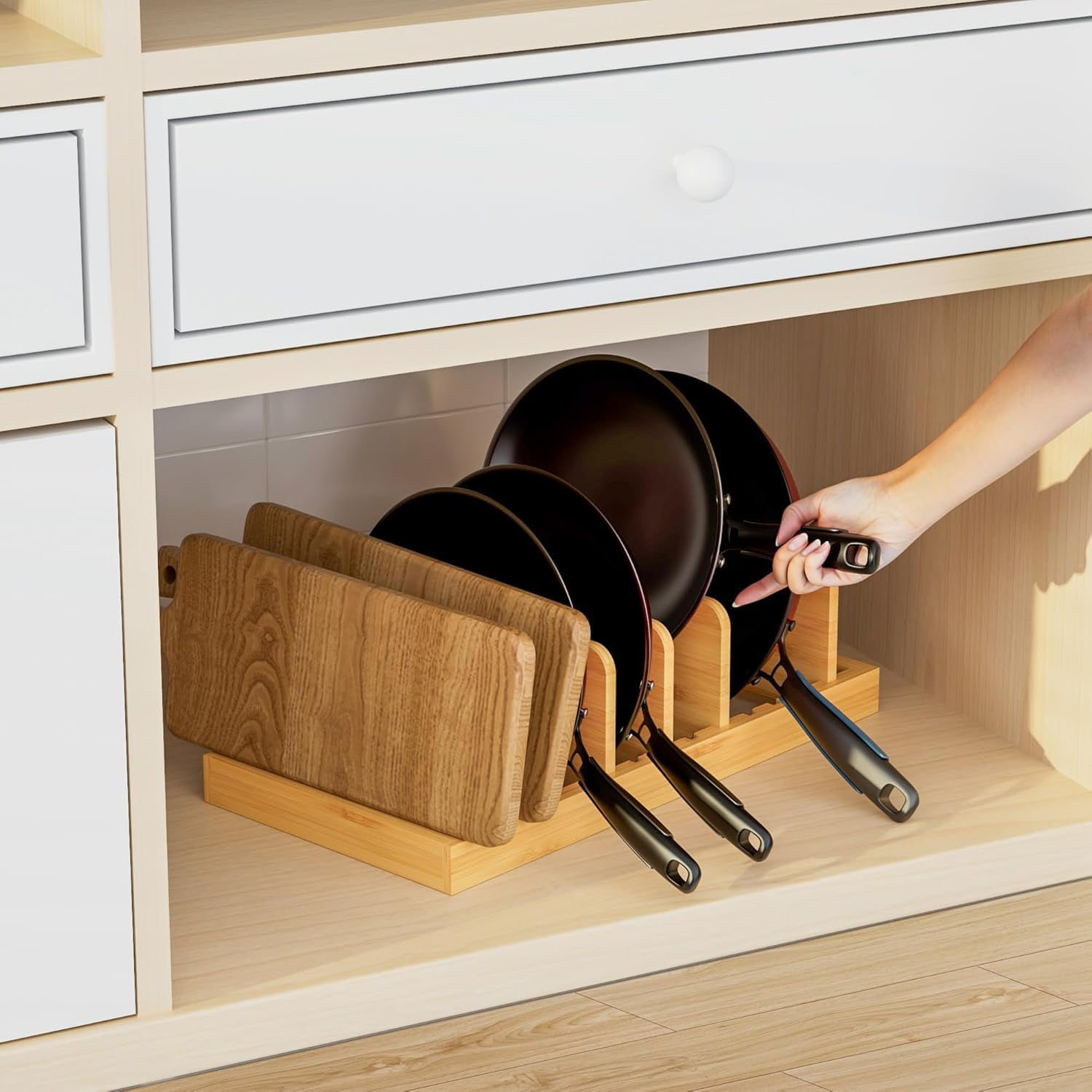 Bamboo Pot Lid Organizer Pot Lid Holder, Pot and Pan Organizer Drawer ...