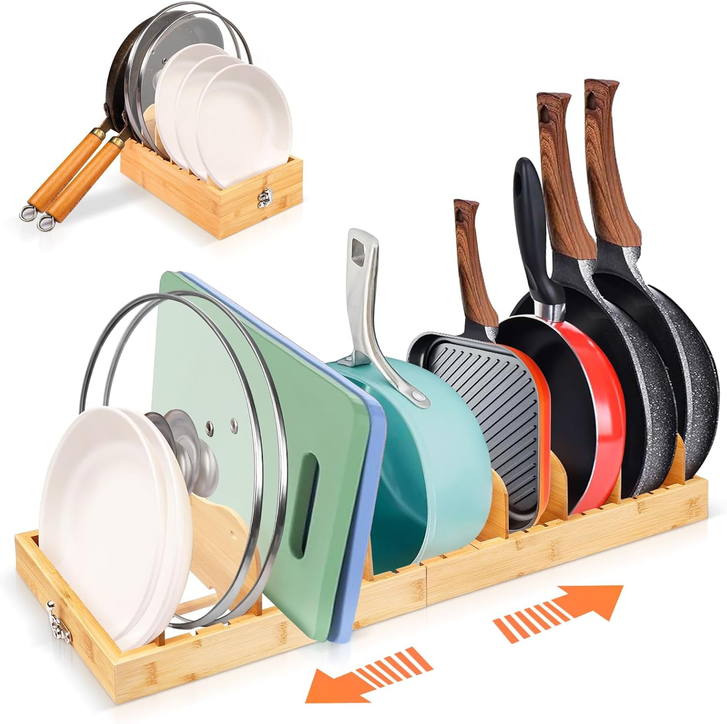 Bamboo Pots and Pans Organizer, Pot Lid Organizer Reusable Containers ...