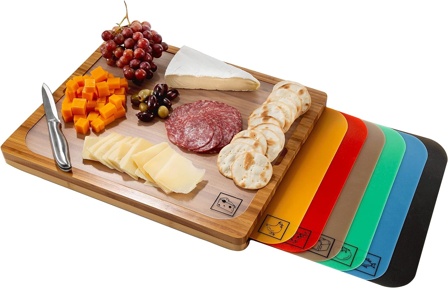 Bamboo Premium Wood Cutting Board Serving Tray w/ 7 Color-Coded BPA ...
