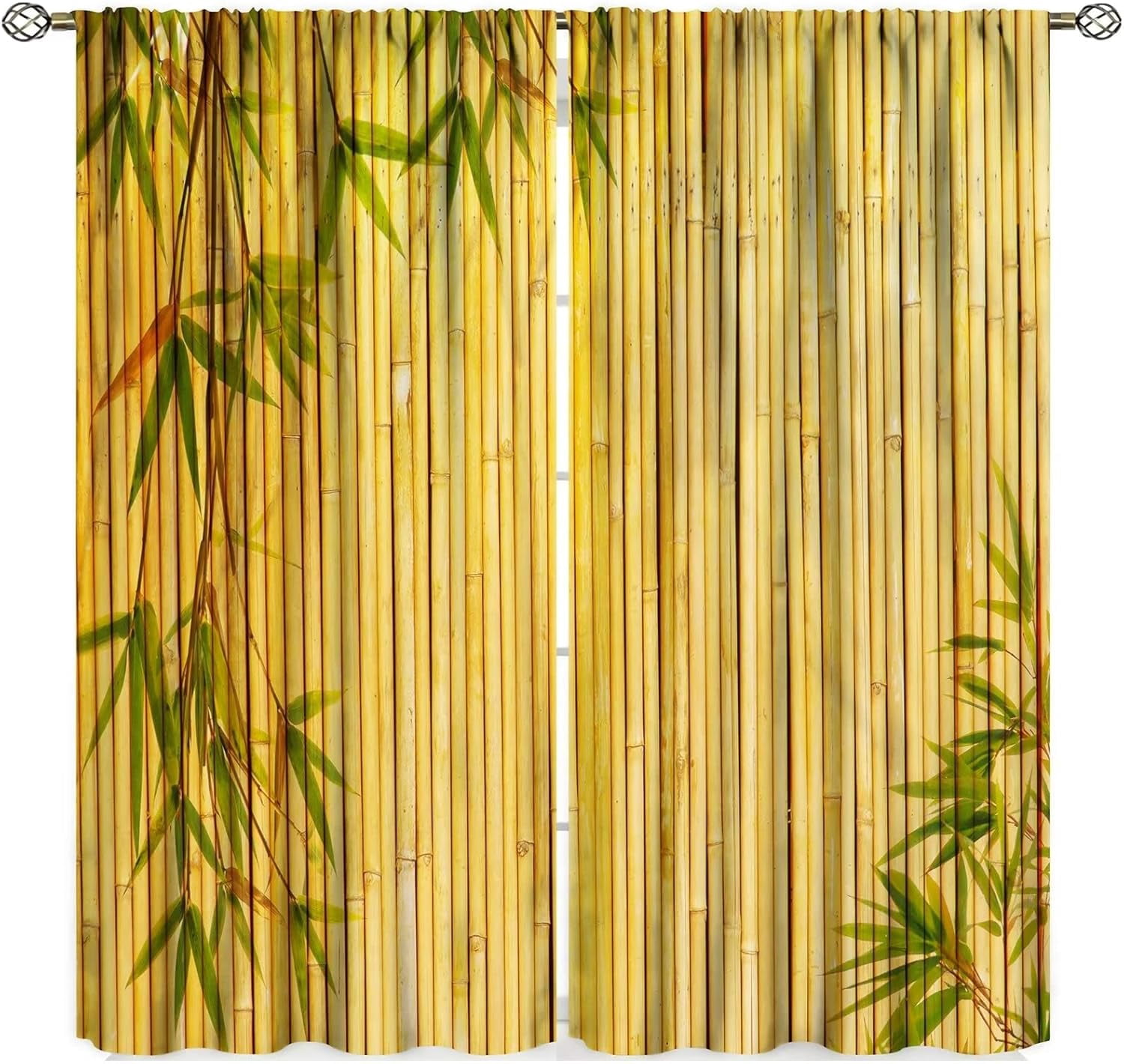 Bamboo Print Curtains, Bamboo Stems and Leaves Oriental Nature Wood ...