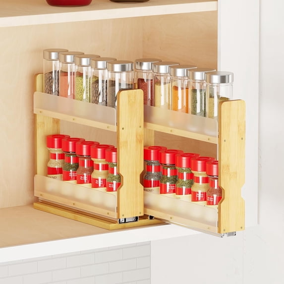Bamboo Pull Out Spice Rack Organizer for Cabinet, Heavy Duty Slide Out ...