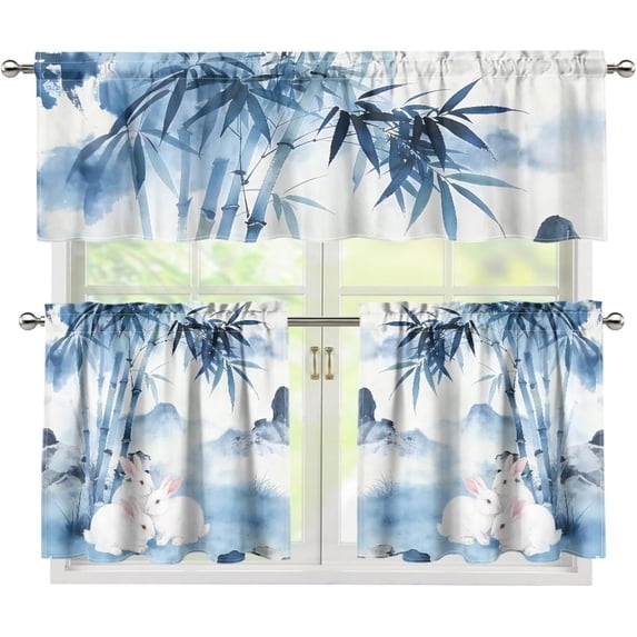 Bamboo Rabbit Teal Kitchen Curtains 3 Piece Sets for Windows Blue ...