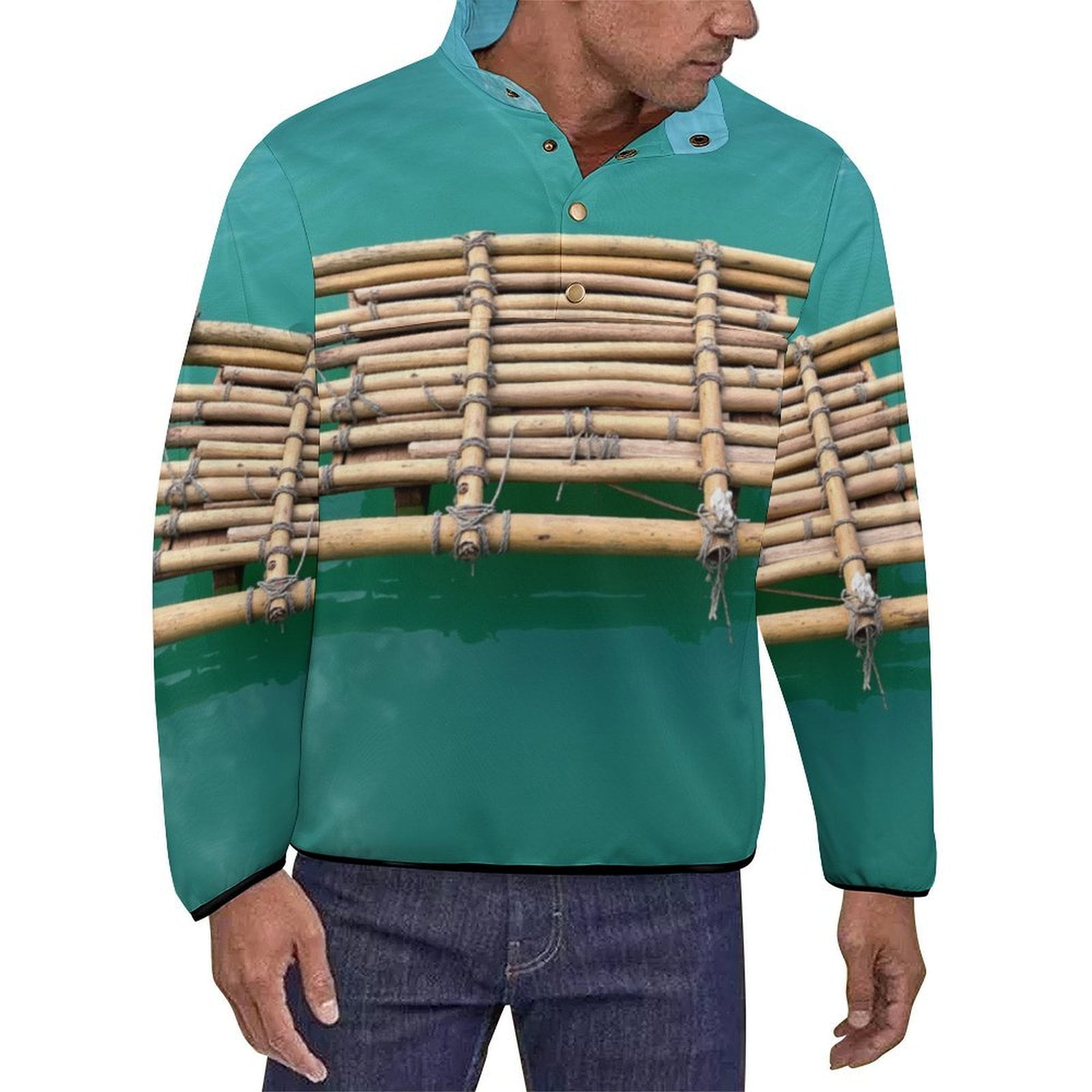 Bamboo Raft Floating on Water Men's Stand Collar Sweater Long Sleeve ...