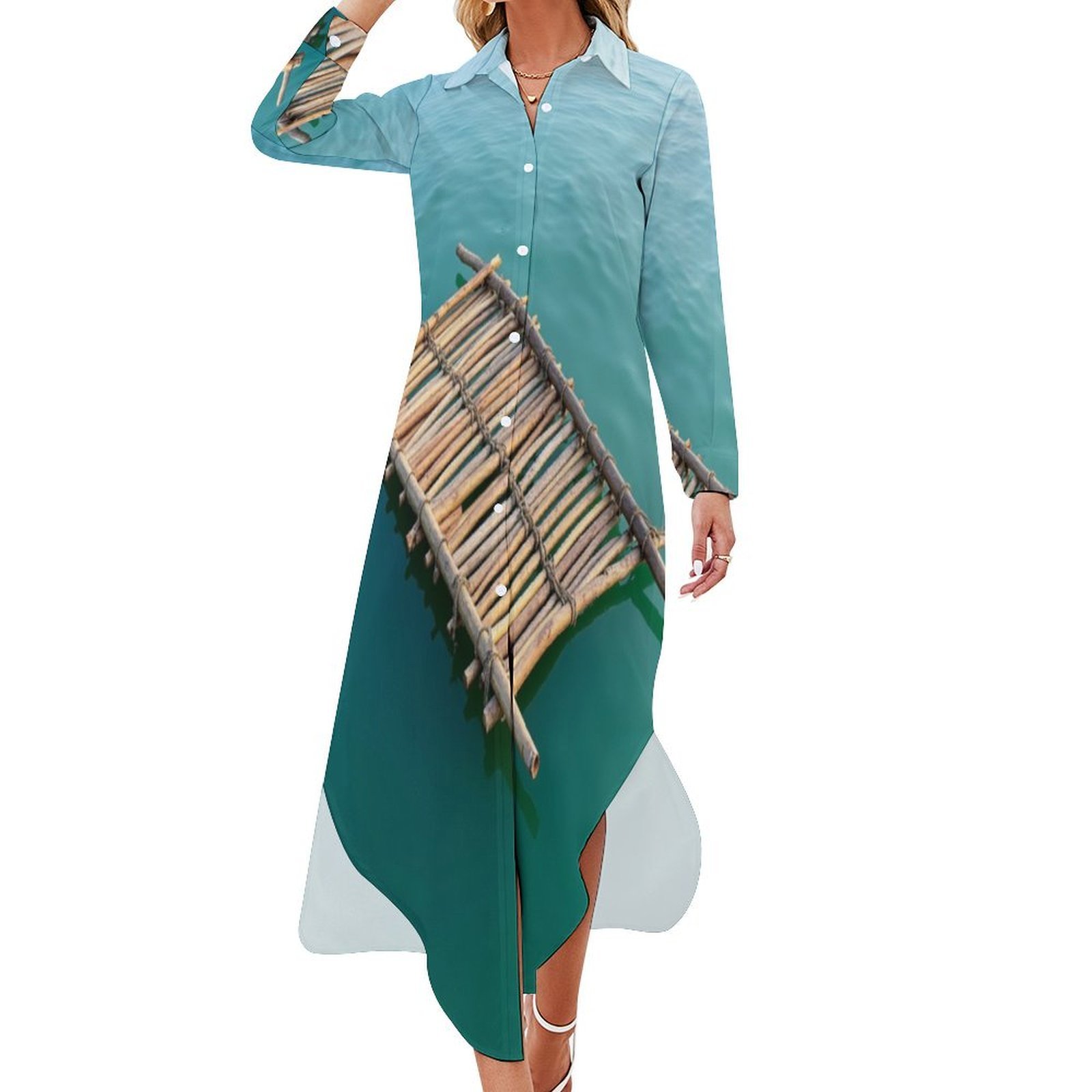 Bamboo Raft Floating on Water Shirt Dress Long Sleeve Street Fashion V ...