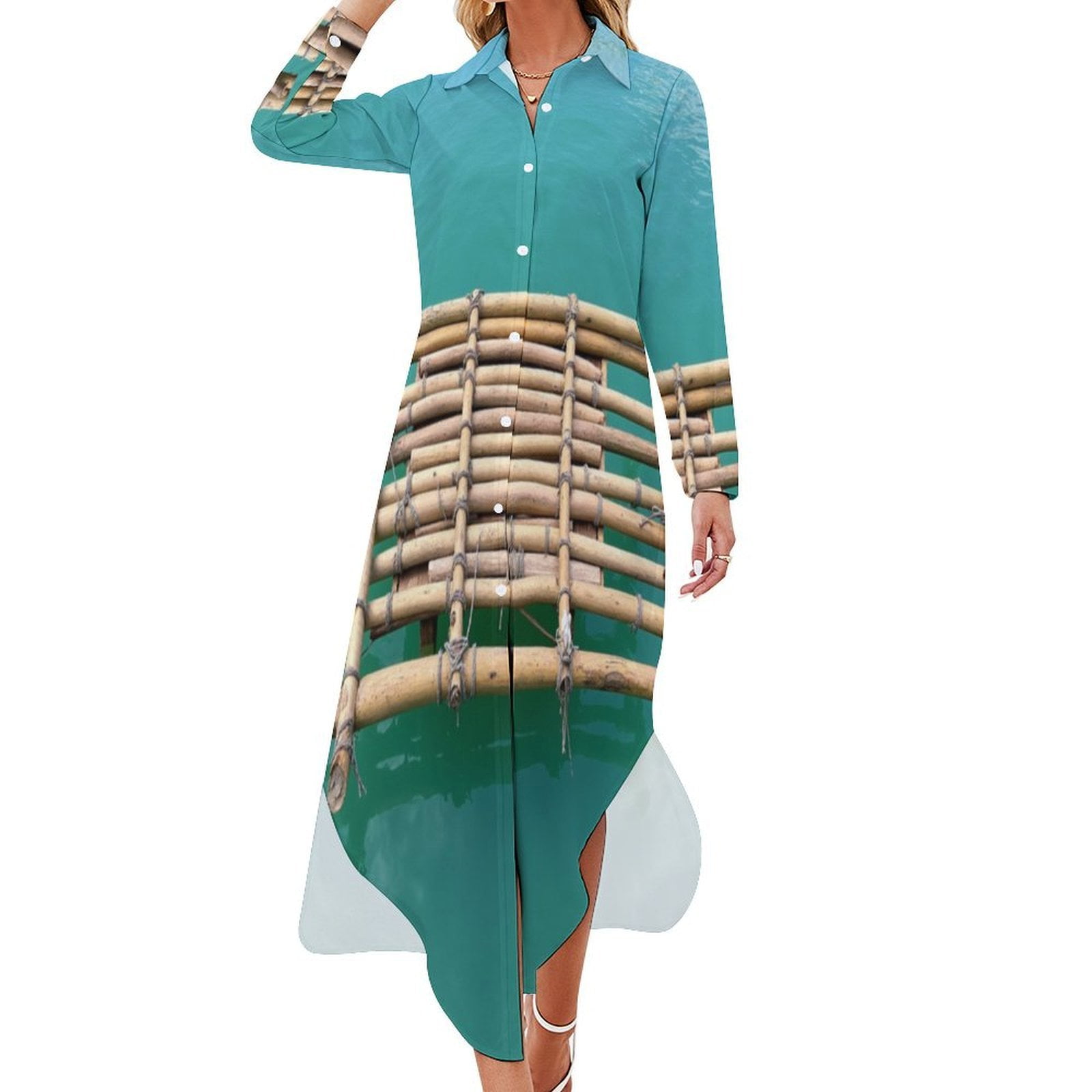 Bamboo Raft Floating on Water Shirt Dress Long Sleeve Street Fashion V ...