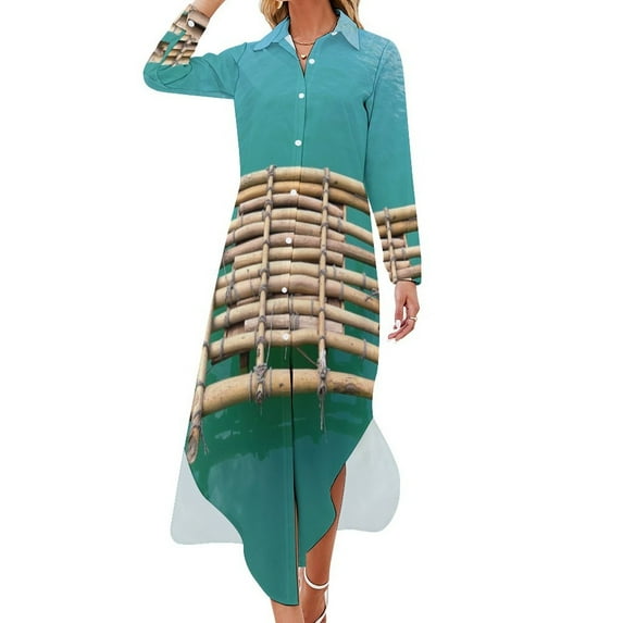 Bamboo Raft Floating on Water Shirt Dress Long Sleeve Street Fashion V ...