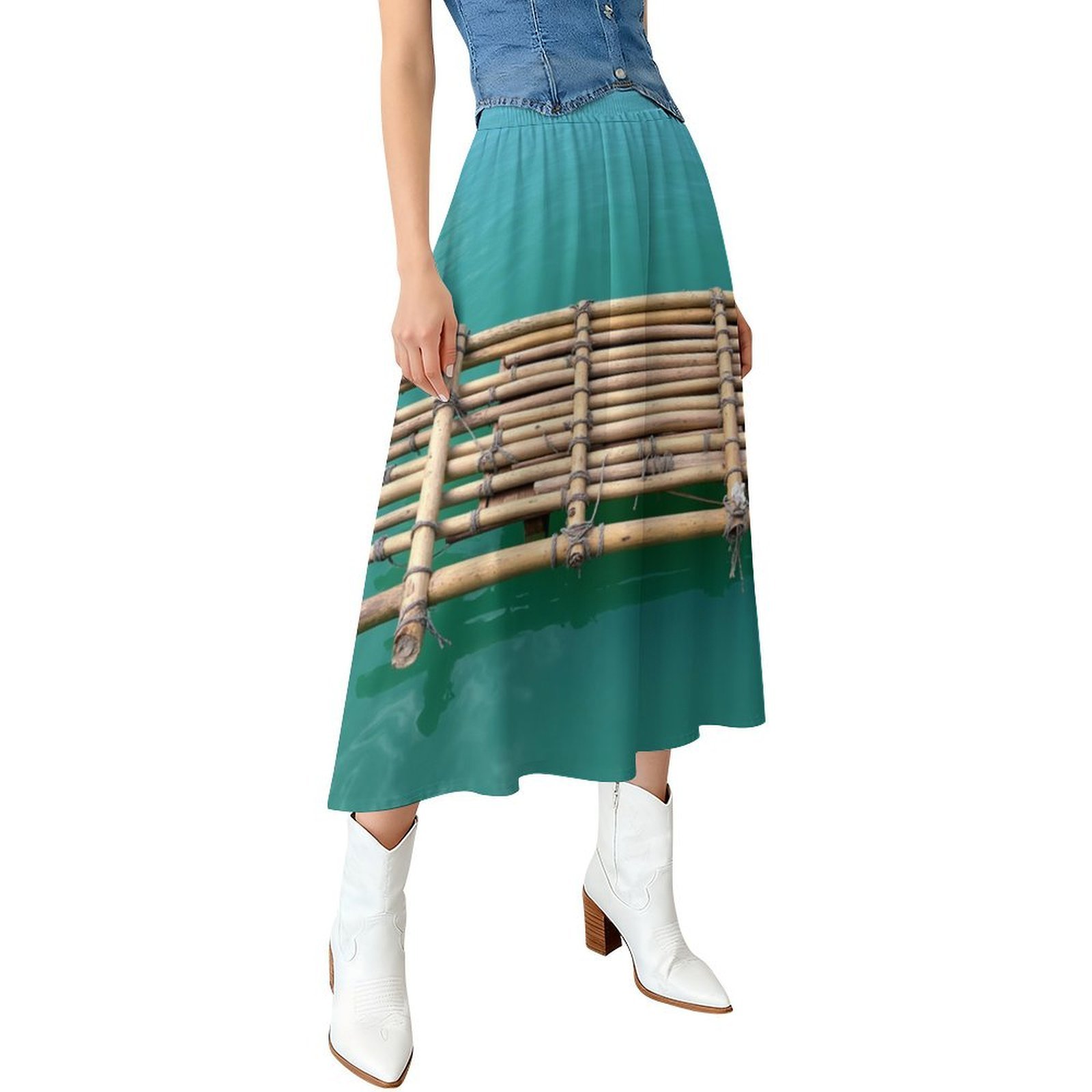 Bamboo Raft Floating on Water Women High Waist Midi Skirt Elegant Midi ...