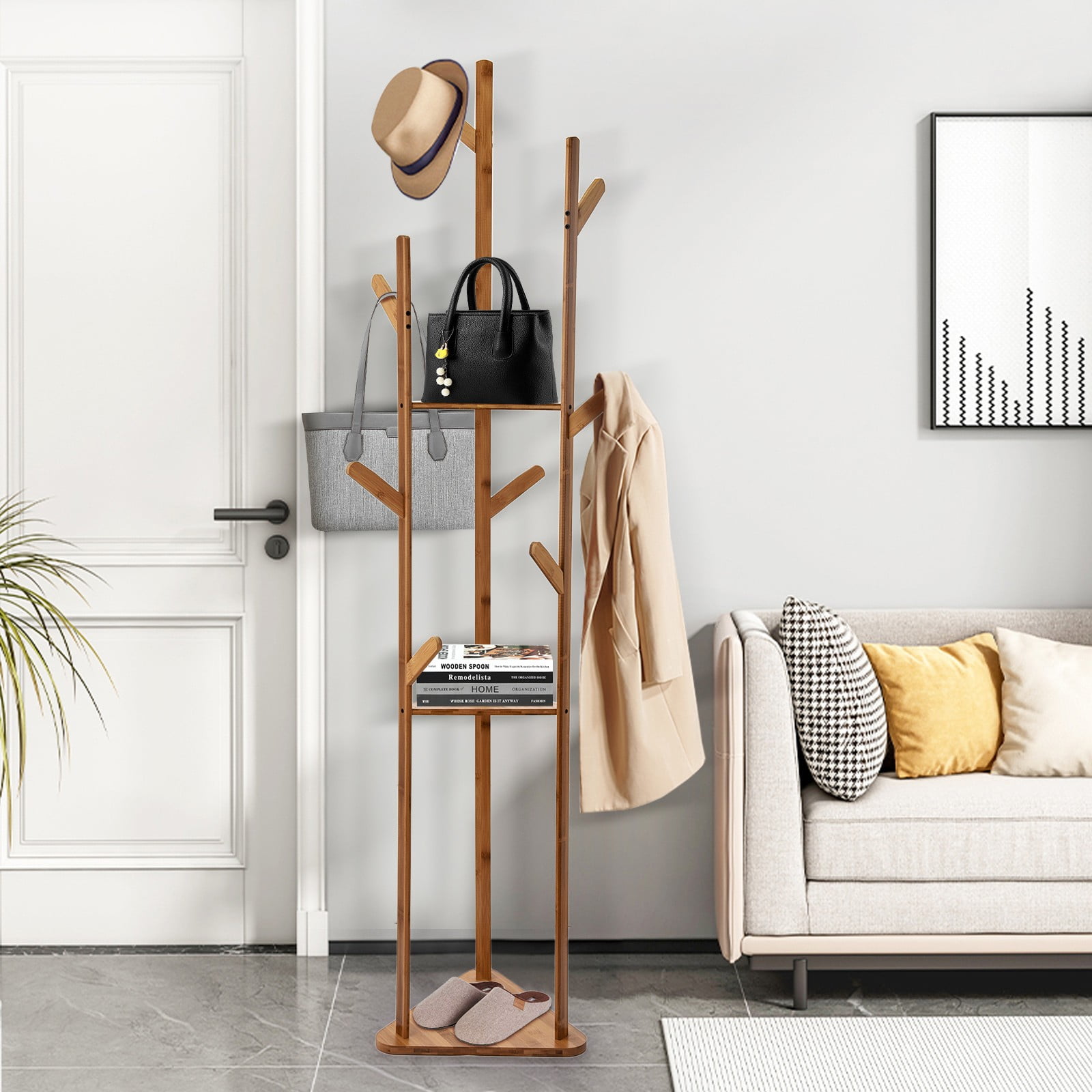 Bamboo Rattan Coat Rack Free Standing With 3 Storage Shelves And 9 ...