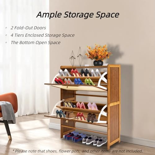 Bamboo Rattan Shoe Storage Cabinet with 3 Shelves Enclosed Shoe Rack ...