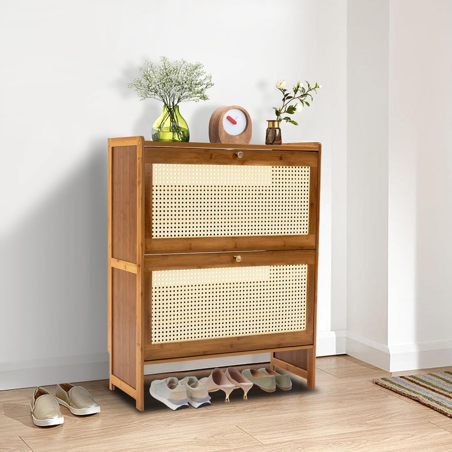 Bamboo Rattan Shoe Storage Cabinet with 3 Shelves Enclosed Shoe Rack ...