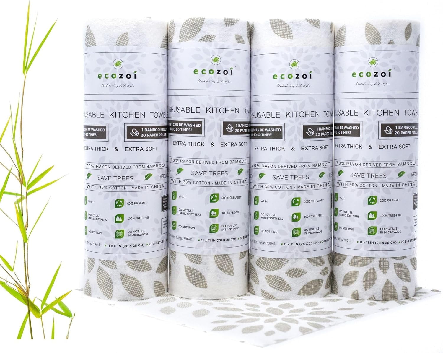 Bamboo Rayon Reusable Towels - 4 Pack | Equivalent to 80 Regular Rolls ...